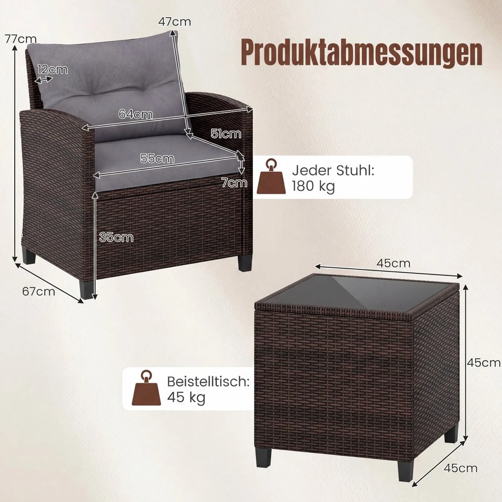Costway 3-dílný. Ratanová sada Gartenmöbel inkl. 2 Sessel a 1 Beistelltisch