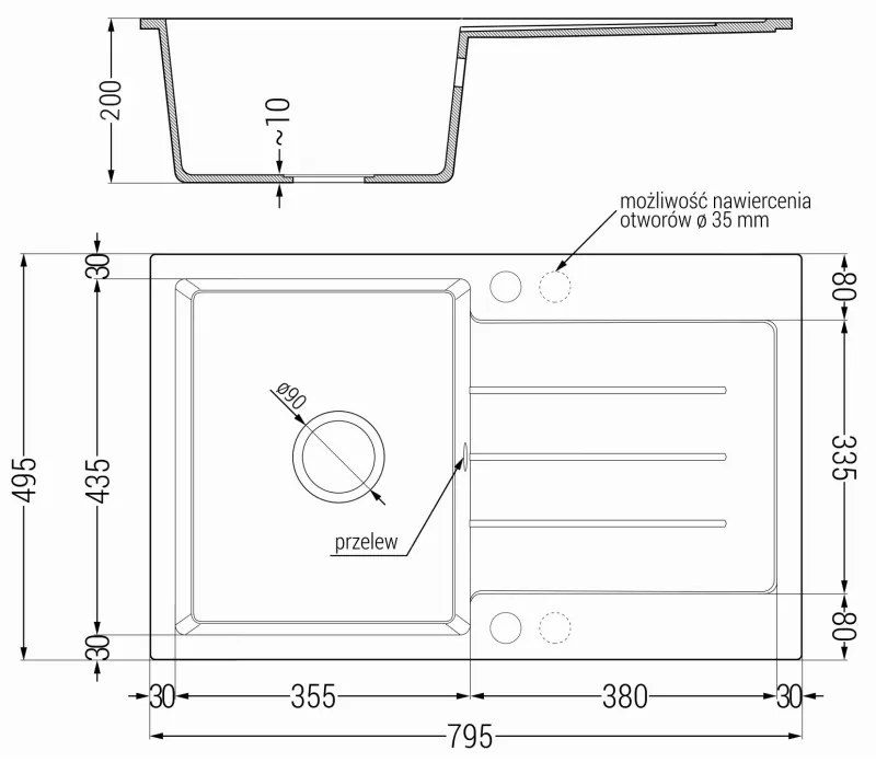 Mexen Bruno 1-miskový granitový dřez s odkapávačem 795 x 495 mm, Černá/Zlatá kovová, sifon Zlatá - 6513791010-75-G