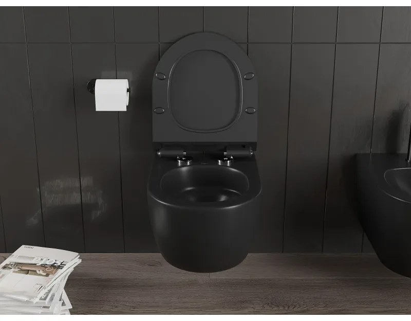 Mexen Carmen, závěsná WC mísa 490x365x340 mm, Rimless Tornádo + WC sedátko z duroplastu, černá matná, 30880185T