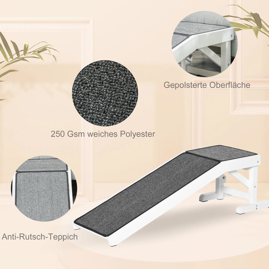 PawHut Rampa pro psy s protiskluzovým kobercem Žebřík pro psy Rampa pro psy do 30 kg Borovicové dřevo Polyester Bílá+Šedá 125 x 40 x 35,5 cm | Aosom