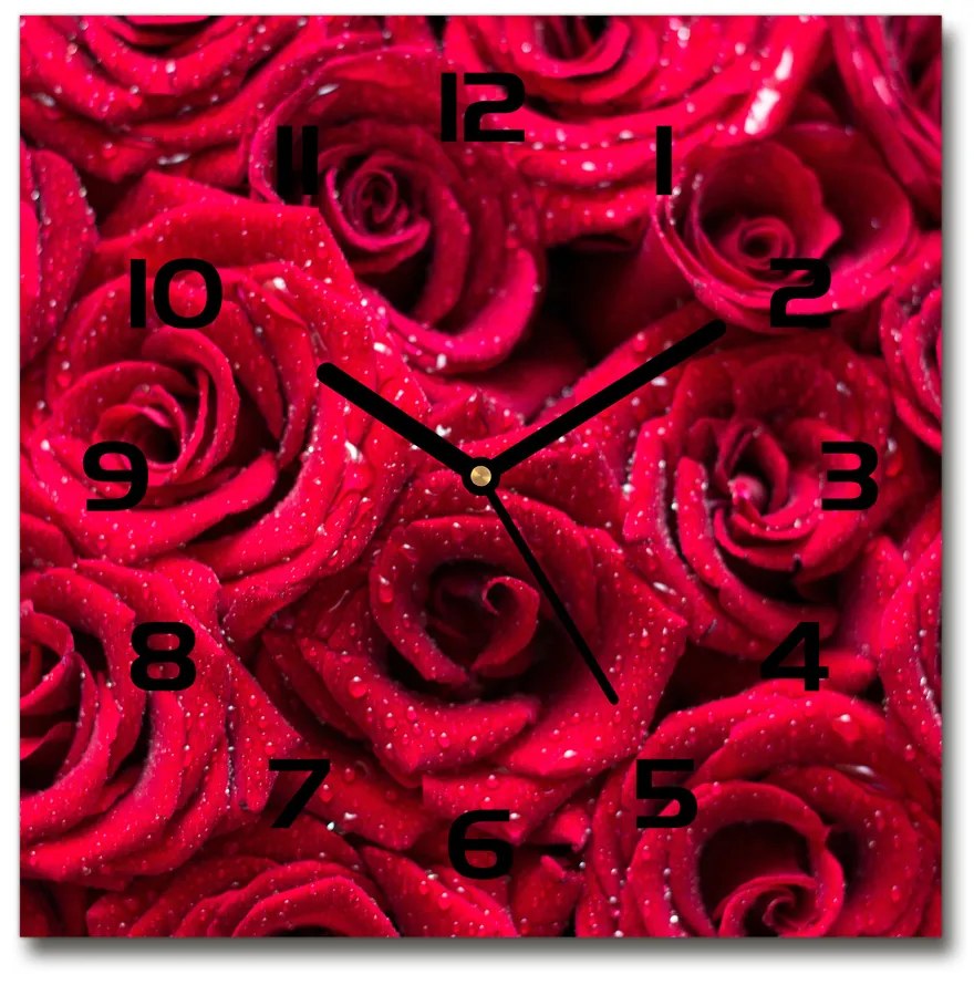 Wallmuralia Skleněné hodiny čtverec Kapky na růžích 30x30 cm