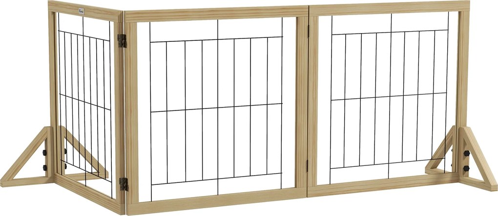 PawHut Dřevěná bariéra pro psy 210x70 cm Skládací brána pro domácí zvířata se 3 panely, oboustranným sklápěním a trojúhelníkovými podpěrnými nohami p…