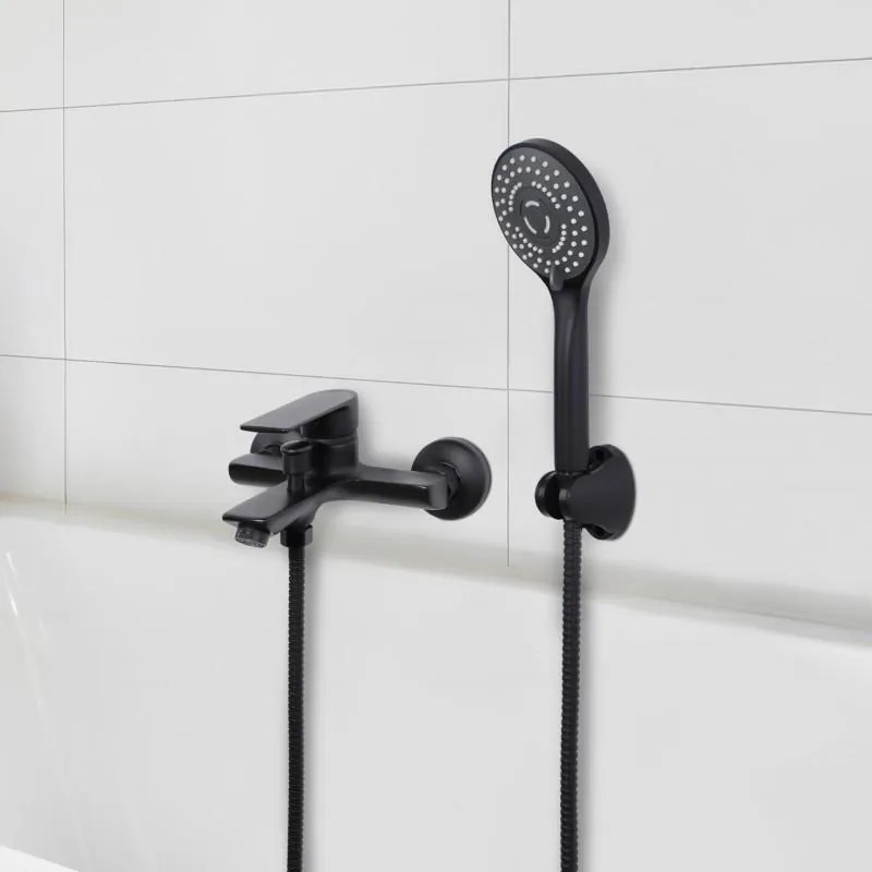 Erga Hary, nástěnná vanová baterie s ruční sprchovou soupravou, černá matná, ERG-YKA-BW.HARY-BLK