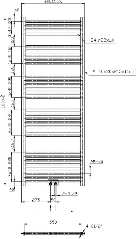 Novaservis - Topné těleso rovné - chrom středové připojení, 600/1600/RS,0
