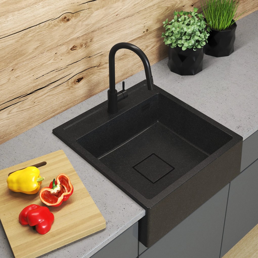 Gamma Farmerski, 1-komorový granitový dřez 600x630x210 mm, černá skvrnitá, GMA-ZLE000209