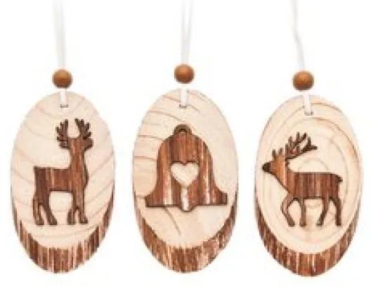 Vánoční dřevěné ozdoby na stromeček sob a zvonek 9cm (set 3ks) | BIANO