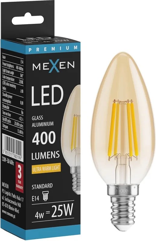 Mexen Vintis, LED filamentová žárovka E14, C35, 4 W, teplá bílá 2200K, jantarová, L154-E14-0422-50