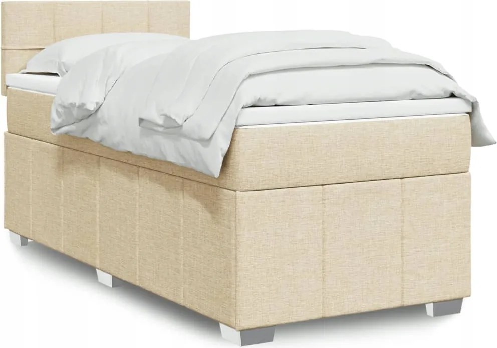 Box Spring Postel S Matrací Textil Krémová Blok se čtverci 90 x 190 cm