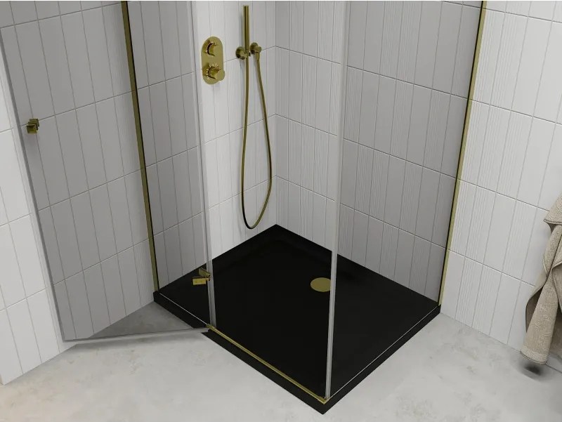Mexen Roma, sprchový kout s 1-křídlými dveřmi 120 (dveře) x 80 (stěna) cm, 6mm čiré sklo, zlatý profil, slim sprchová vanička 5cm černá, 854-120-080-50-00-4070G