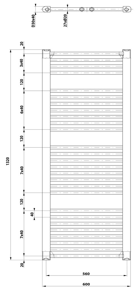 Aqualine Aqualine, DIRECT topné těleso s bočním připojením 600x1320 mm, černá matná, ILR36B