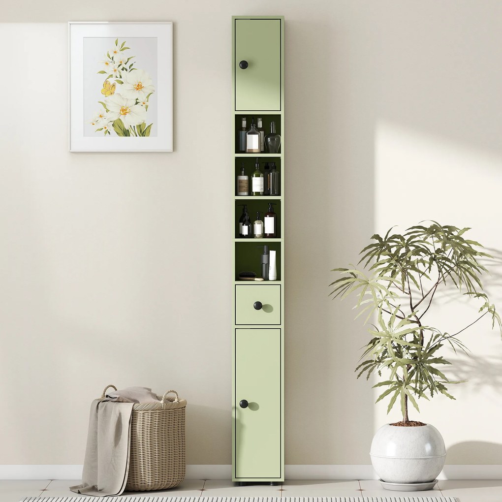 kleankin Úzká koupelnová skříňka se zásuvkou a 4 otevřenými přihrádkami pro malé prostory 20 x 180 cm, zelená