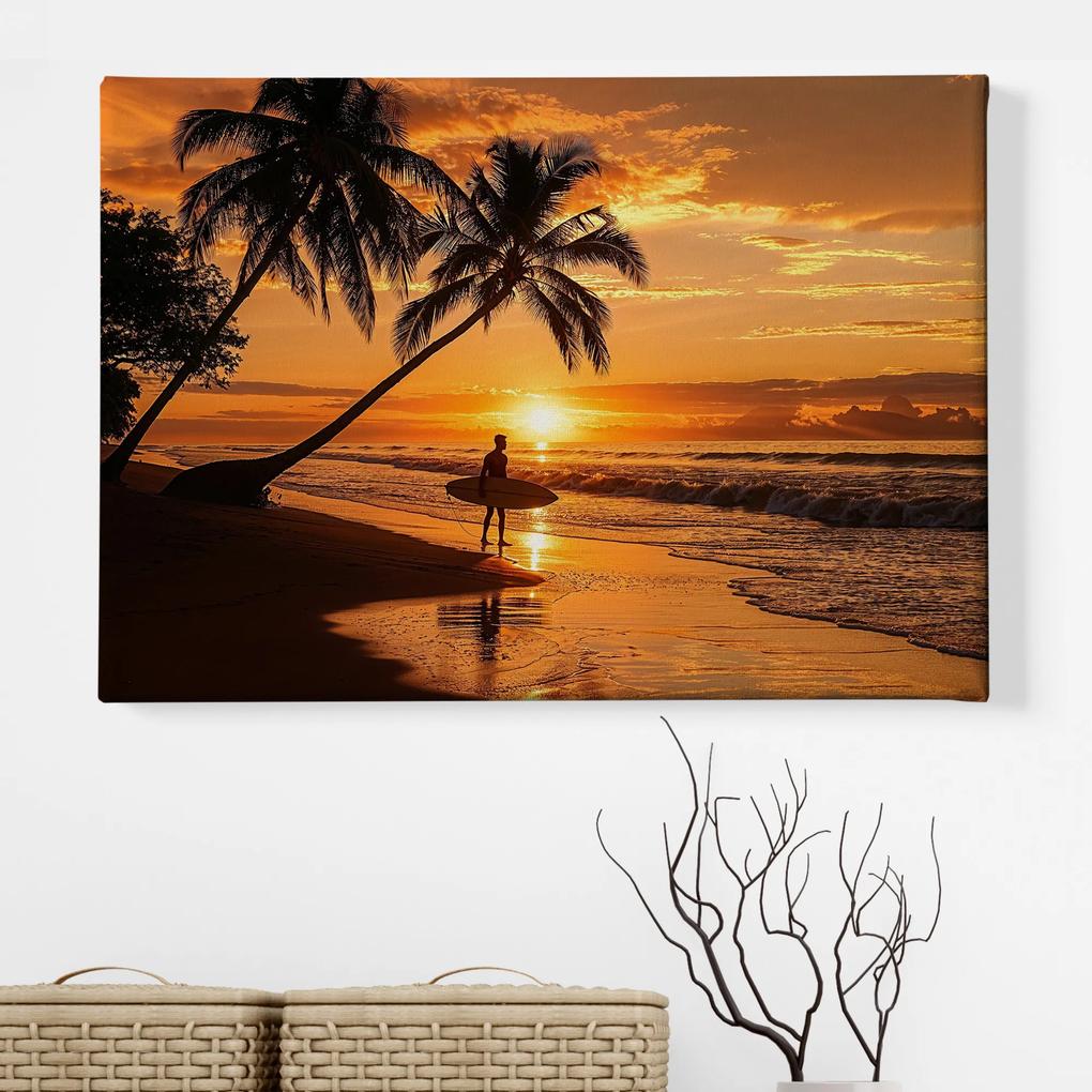 Obraz na plátně - Surfař pod palmami při západu slunce FeelHappy.cz Velikost obrazu: 120 x 80 cm