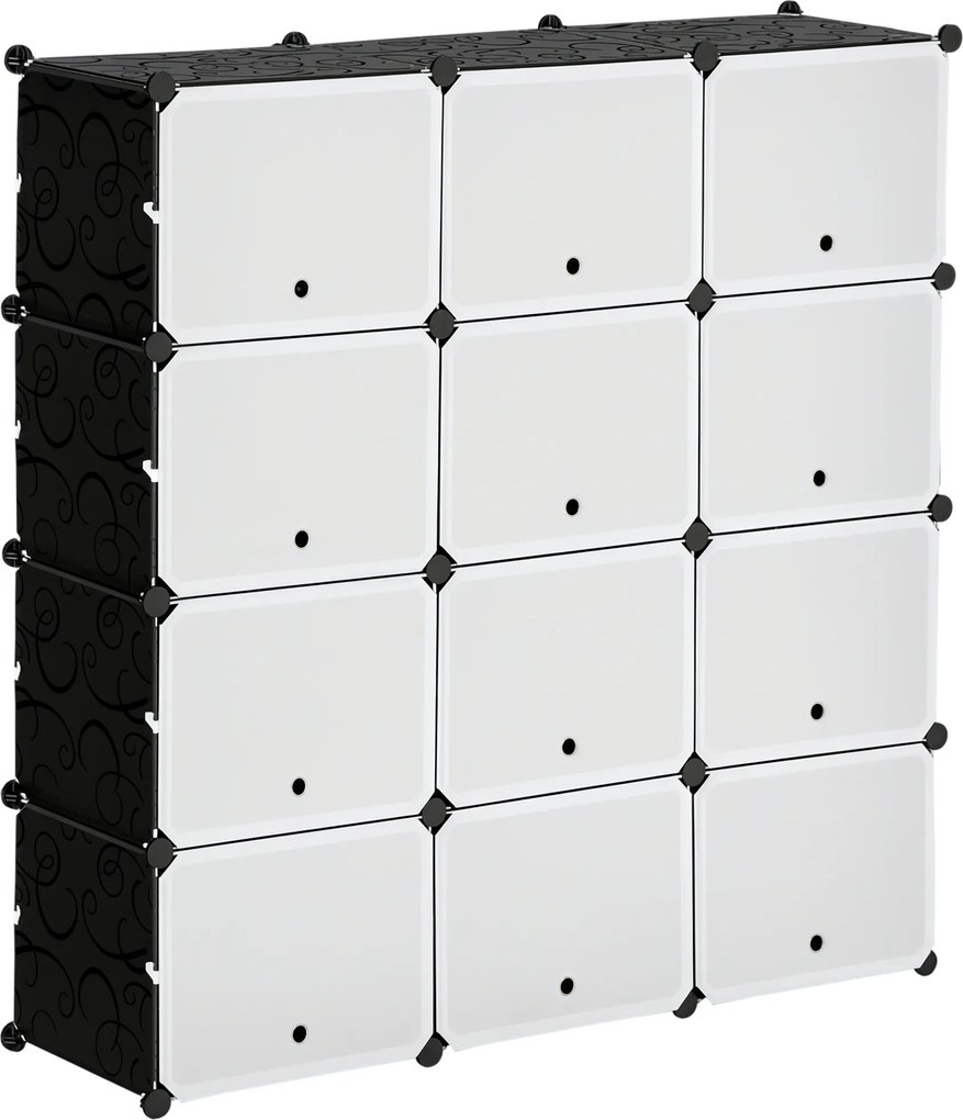 HOMCOM Botník Úložný box s 12 kostkami DIY zásuvný regál s dvířky Plastová ocel Černá+bílá 125 x 32 x 125 cm | Aosom