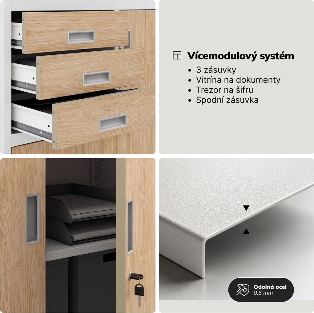 Kovová kancelářská skříň se sejfem bílá, dub sonoma, 900x1850x400 mm: FILIP II Eco Design
