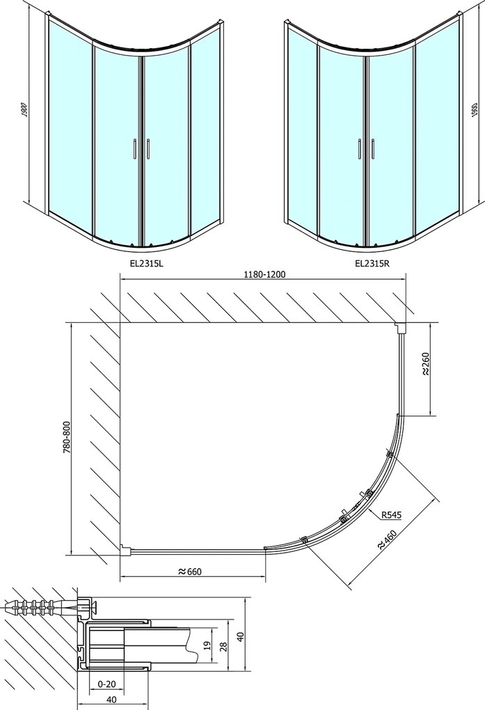 Polysan Polysan, EASY LINE čtvrtkruhová sprchová zástěna 1200x800mm, L/R, čiré sklo, EL2315