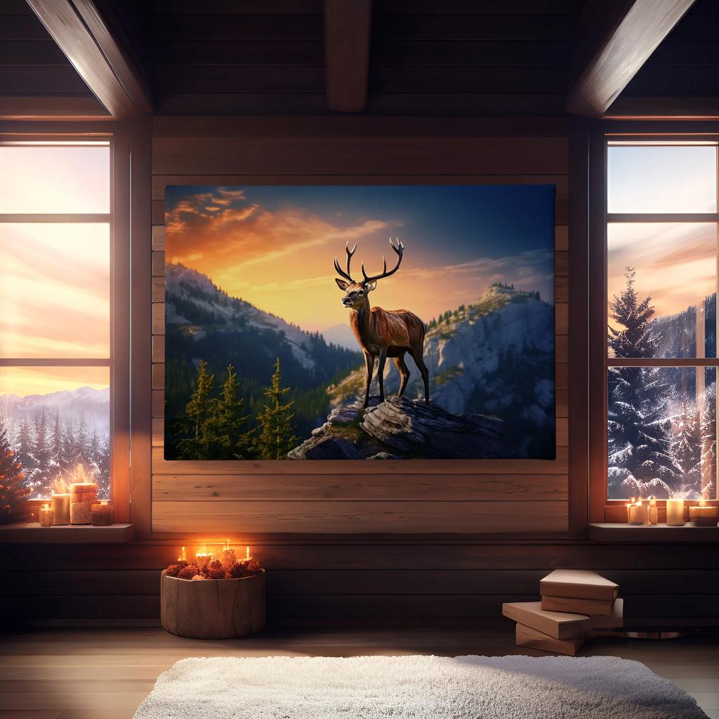 Obraz na plátně - Jelen na skále s magickým západem slunce FeelHappy.cz Velikost obrazu: 120 x 80 cm