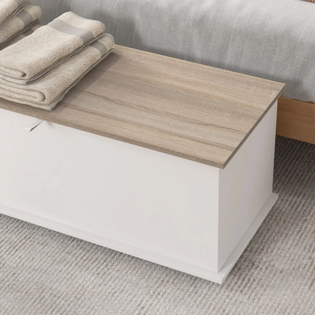 Dřevěná úložná truhlice HOMCOM s víkem, max. zatížení 120 kg pro ložnici a obývací pokoj, 100x40x40 cm, Přírodní a Bílá