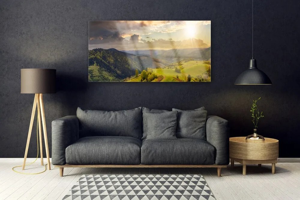Plexisklo-obraz Hory Louka Západ Slunce 120x60 cm