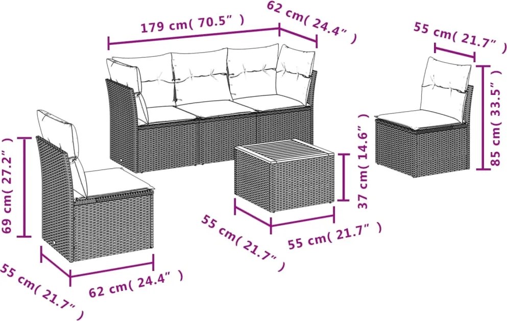 6dílná zahradní sedací souprava s poduškami černá polyratan 3223542