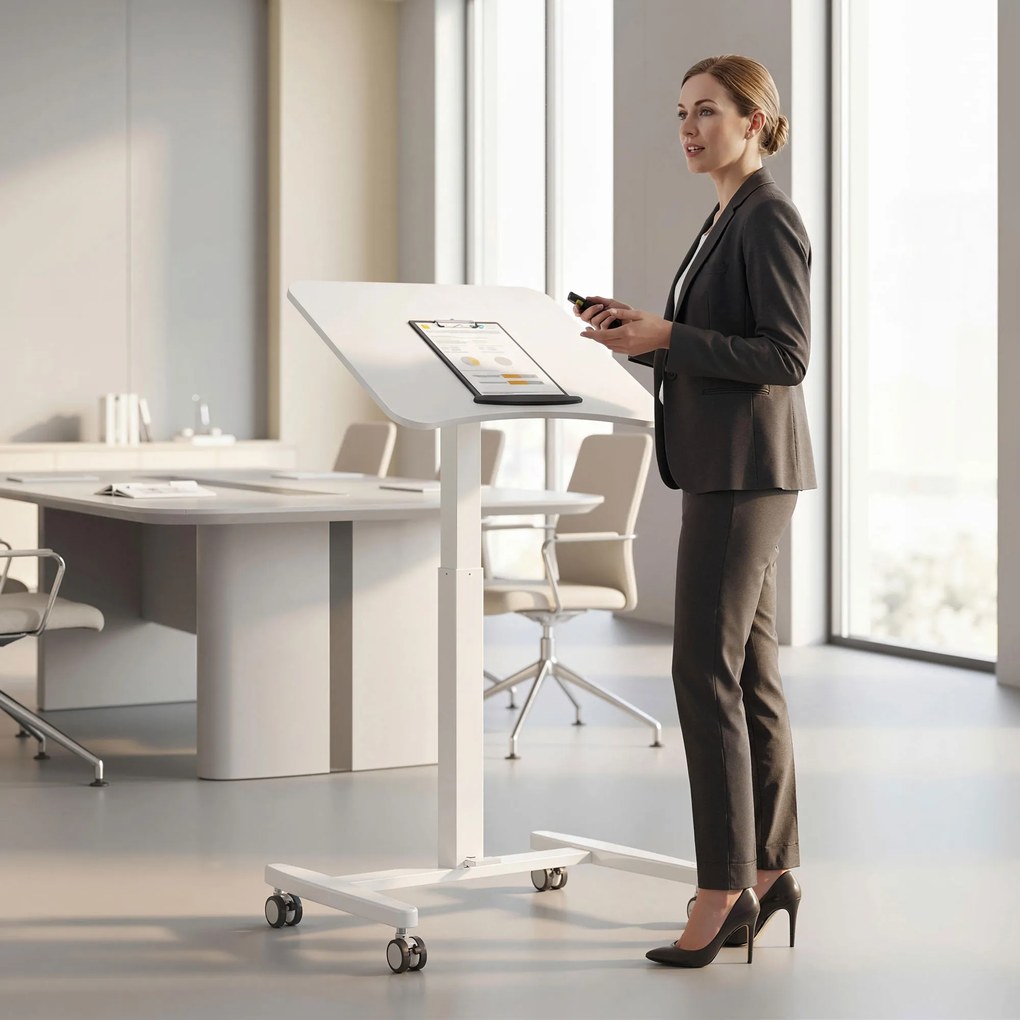 HOMCOM výškově nastavitelný stojací stůl 75–114 cm — mobilní stolík na notebook s naklápěcí deskou, bezpečnostní zarážkou, ocelovým rámem, pneumatick…