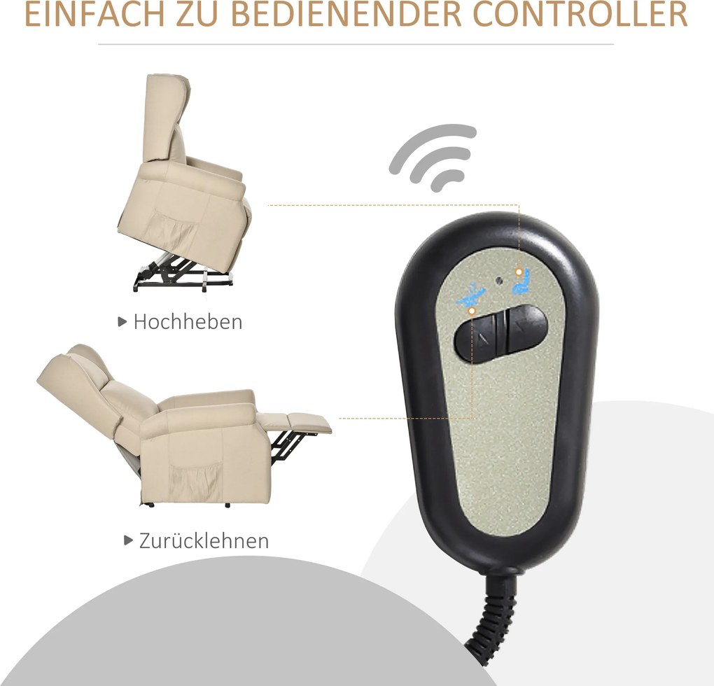 HOMCOM TV křeslo se stojánkem ergonomické elektricky nastavitelné s funkcí polohování 72,5 x 94 x 109 cm krémové barvy pro pohodlné sezení | Aosom.de
