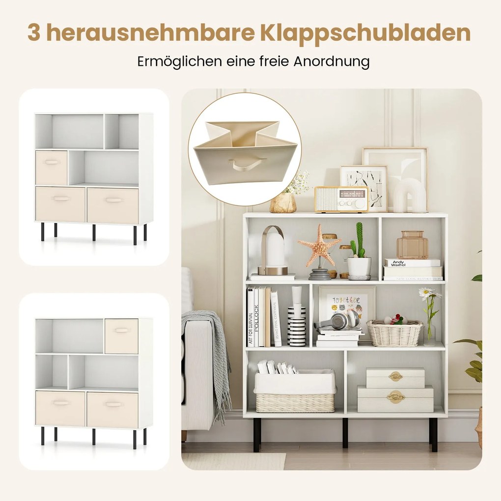 Costway 6-Cube knihovna s 3 odnímatelnými skládacími látkovými zásuvkami 3-Tier