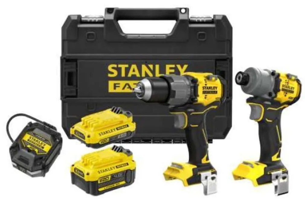 Stanley - 18V AKU sada vrtačky s příklepem a rázového utahováku, 1x aku 2,0 Ah Li-Ion, 1x aku 4,0 Ah Li-Ion, nabíječka SFMCK211MDT-QW