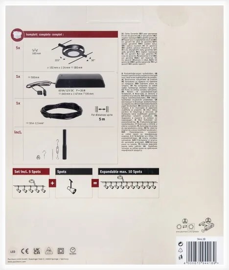 Paulmann 94418 - SADA 5xLED/4,5W Kompletní lankový systém ROUNDMAC 230V černá