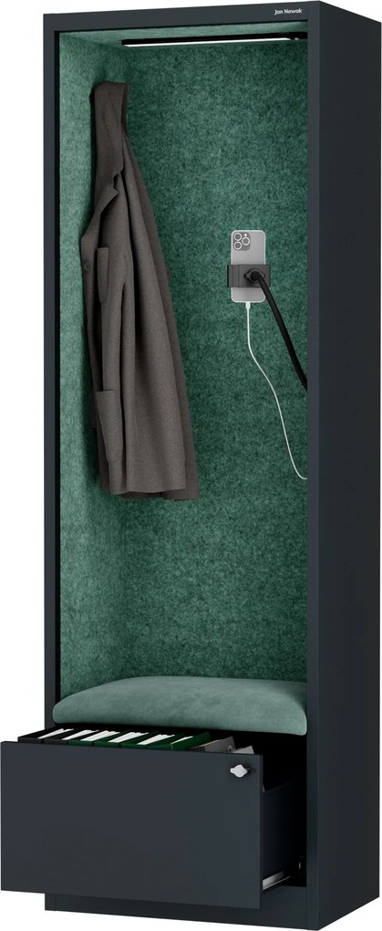 Kancelářská akustická kabina se sedátkem a USB-C portem, korpus antracitový / sedák zelený, 600 mm: SALLY MentalBox