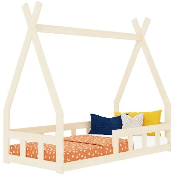 Benlemi Domečková nízká postel FENCE 6v1 ve tvaru teepee se zábranou Zvolte barvu: Béžová, Zvolte rozměr: 90x160 cm, Zvolte zábranu: S jednou zábranou