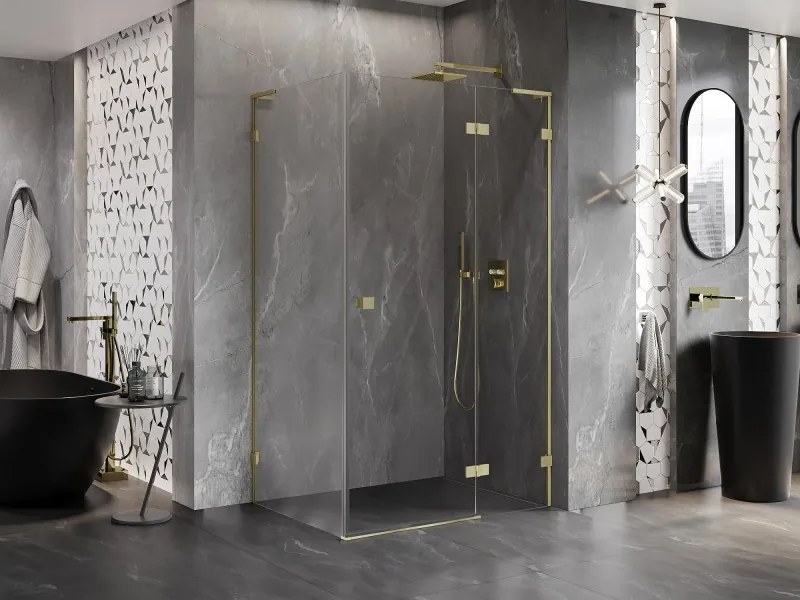 Mexen Lunar, L výklopný sprchový kout pravý 90 x 70 cm, 8mm čiré sklo, zlatý kartáčovaný - 834L-090-070-55-00-P