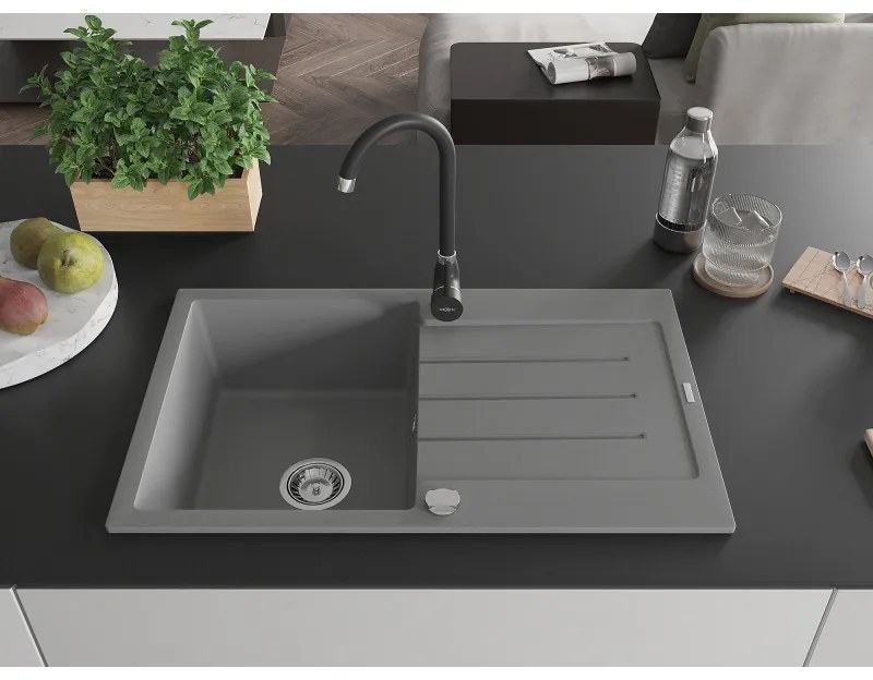 Mexen Bruno, 1-komorový granitový dřez s odkapávačem 795x495x200 mm a černá kuchyňská baterie Telma, šedá, 6513-71-670200-70