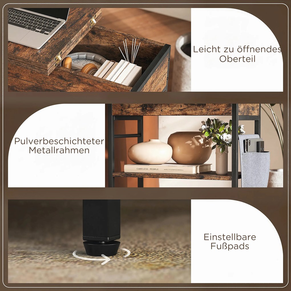 HOMCOM Odkládací stolek, noční stolek s elektrickou lištou, 2 patra, USB porty, úložný prostor 60 x 29,8 x 58,5 cm, rustikální hnědý