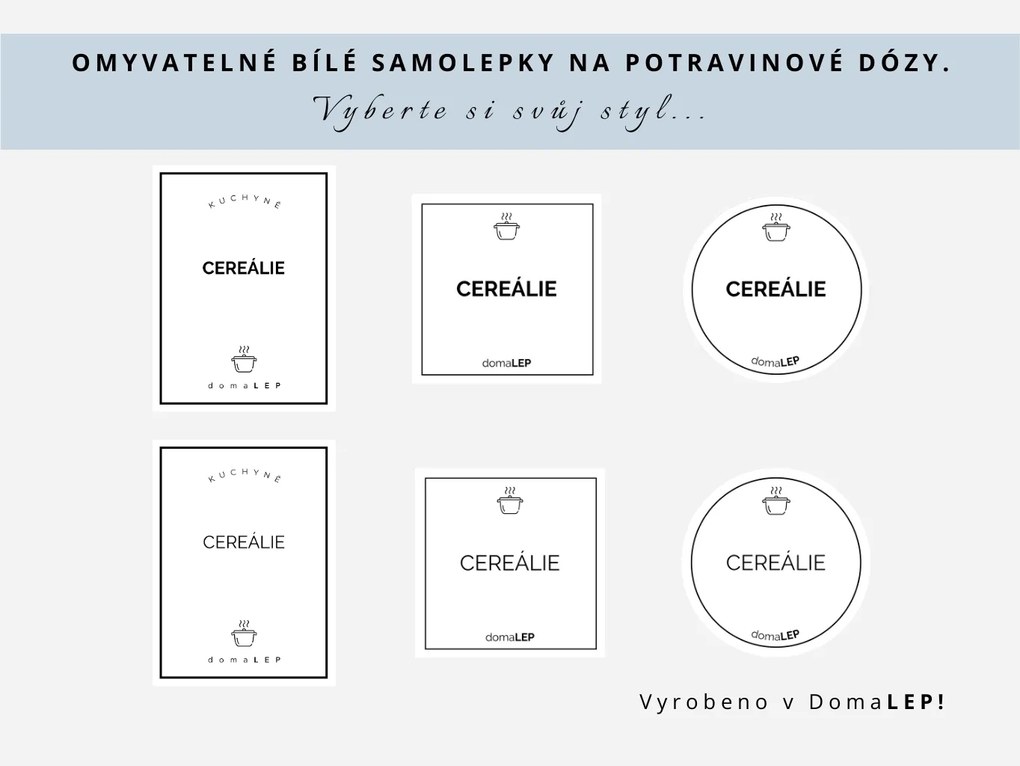 CEREÁLIE - omyvatelná samolepka na dózu, výběr rozměrů Ø 5 cm / 5 x 5 cm / 6 x 8 cm | DomaLEP tvar: KOLEČKO, barva: BÍLÁ - ČERNÉ písmo, velikost: Ø 5 cm - základní písmo