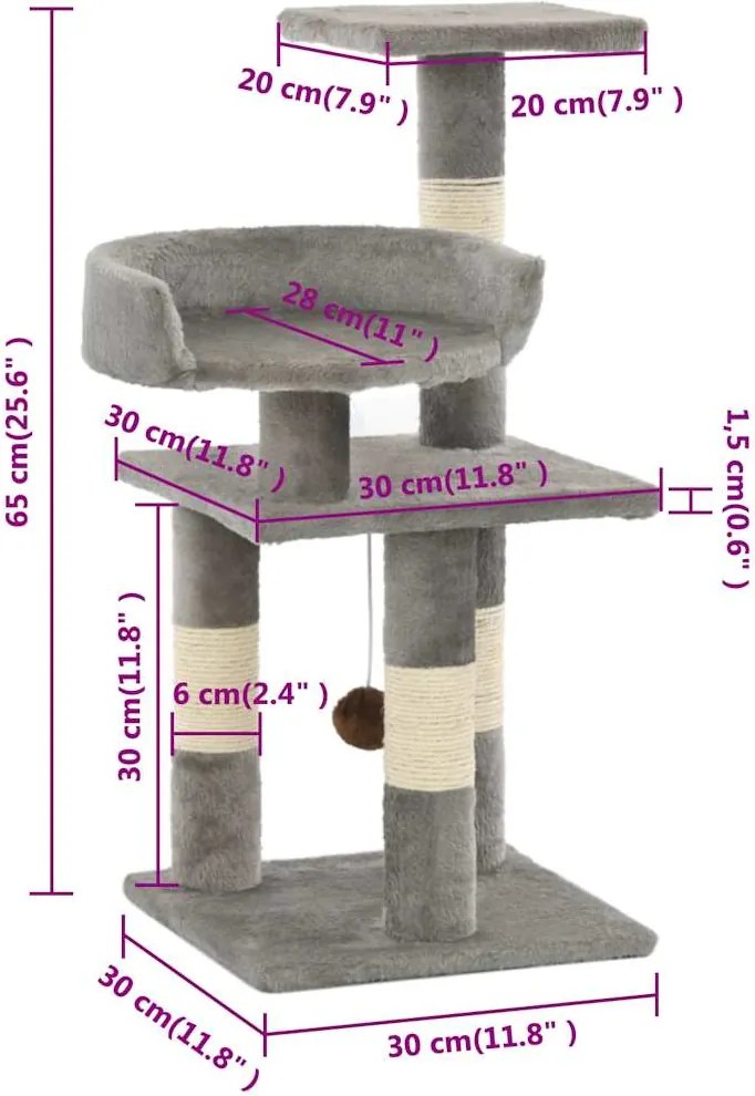 Škrabadlo pro kočky se sisalovými sloupky 65 cm šedé 170607