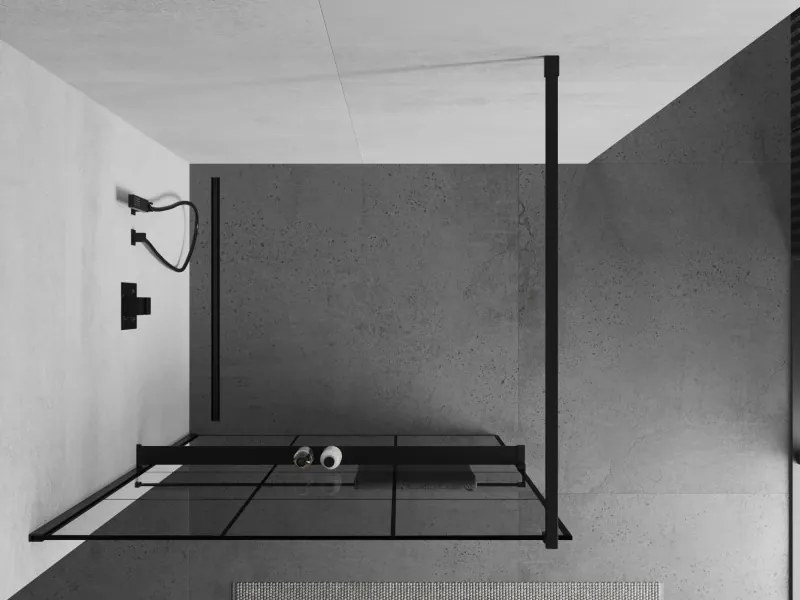Mexen Kioto+, sprchová zástěna s poličkou a držákem na ručníky 100 x 200 cm, 8mm sklo čiré sklo vzor černý, černý profil, 800-100-121-70-77