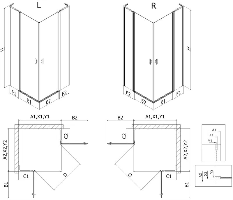 Mexen, Mexen Mist L Duo výklopný sprchový kout 95 x 90 cm, černý rám - 8A4L-095L-090P-70-70