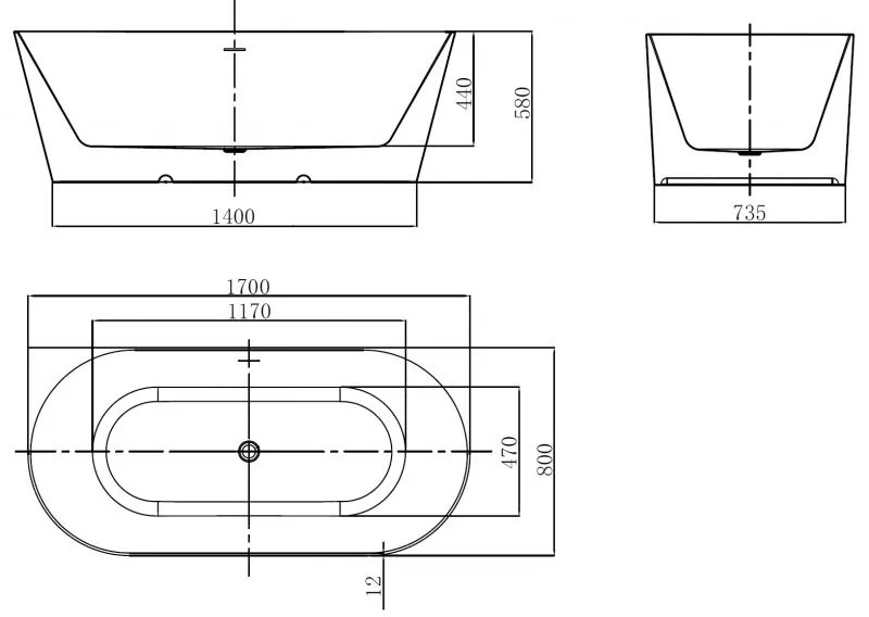 Mexen Oval Slim, volně stojící vana ke stěně 170 x 80 cm, bílá lesklá, černý matný přepad, 52661708000-70