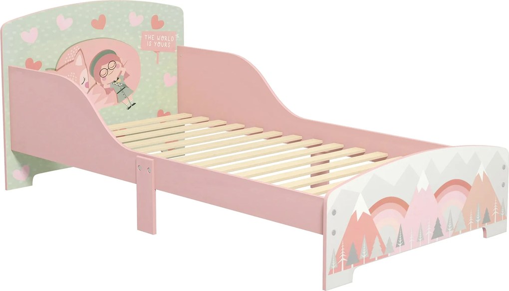 Dětská postel ZONEKIZ dřevěná 143x77x60 cm pro děti ve věku 3-6 let s bezpečnostními zábranami a potiskem Max. nosnost 40 kg Moderní růžový nábytek do