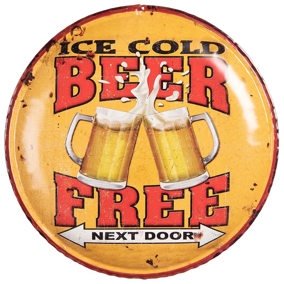 Žlutá nástěnná kovová kulatá cedule na zeď Beer Free - Ø 35*2 cm