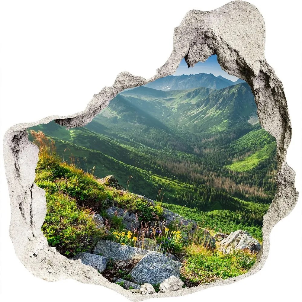 Wallmuralia Díra 3D ve zdi nálepka Východ slunce Tatry 75x75 cm