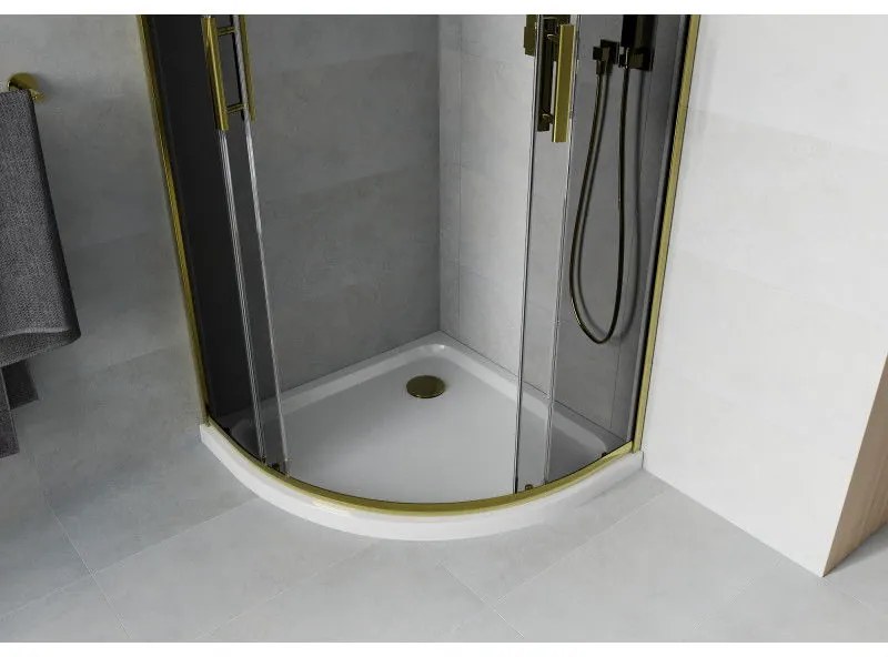 Mexen Rio, čtvrtkruhový sprchový kout s posuvnými dveřmi 80 (dveře) x 80 (dveře) x 190 cm, 5mm šedé sklo, zlatý profil + bílá sprchová vanička SLIM, 863-080-080-50-40-4110G