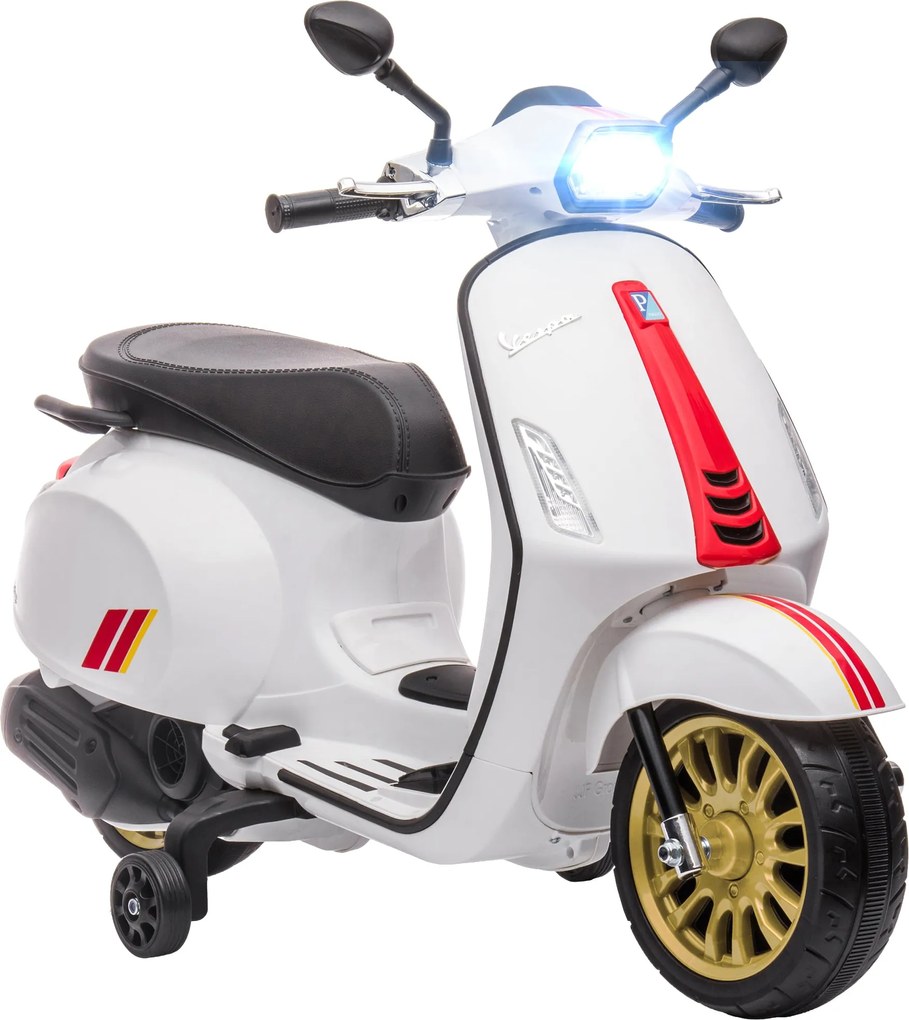 AIYAPLAY 12V Elektrická Motorka pro Děti 3–6 Let s Licencí Vespa, Tréninkovými Koly, Předním Světlem a Hudbou, Hračková Motorka z PP a Kovového Materi