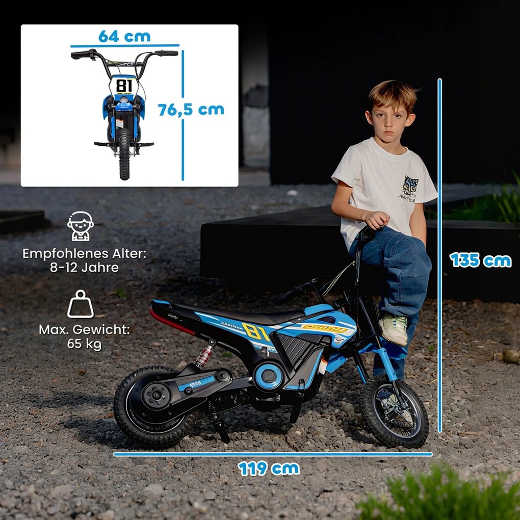 AIYAPLAY Elektrická motorka pro děti 24 V dětský motokros s 250W motorem, 7Ah baterie, zadní odpružení, kotoučová brzda, 16 km/h, 8–12 let