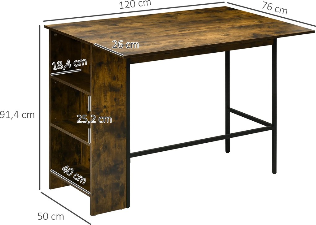 HOMCOM Barový Stůl se Skladem Bistro Stůl Centrální Ostrov Skládací Boční Deska a 3 Polic - 120 x 76 x 91,4 cm Rustikální Hnědá