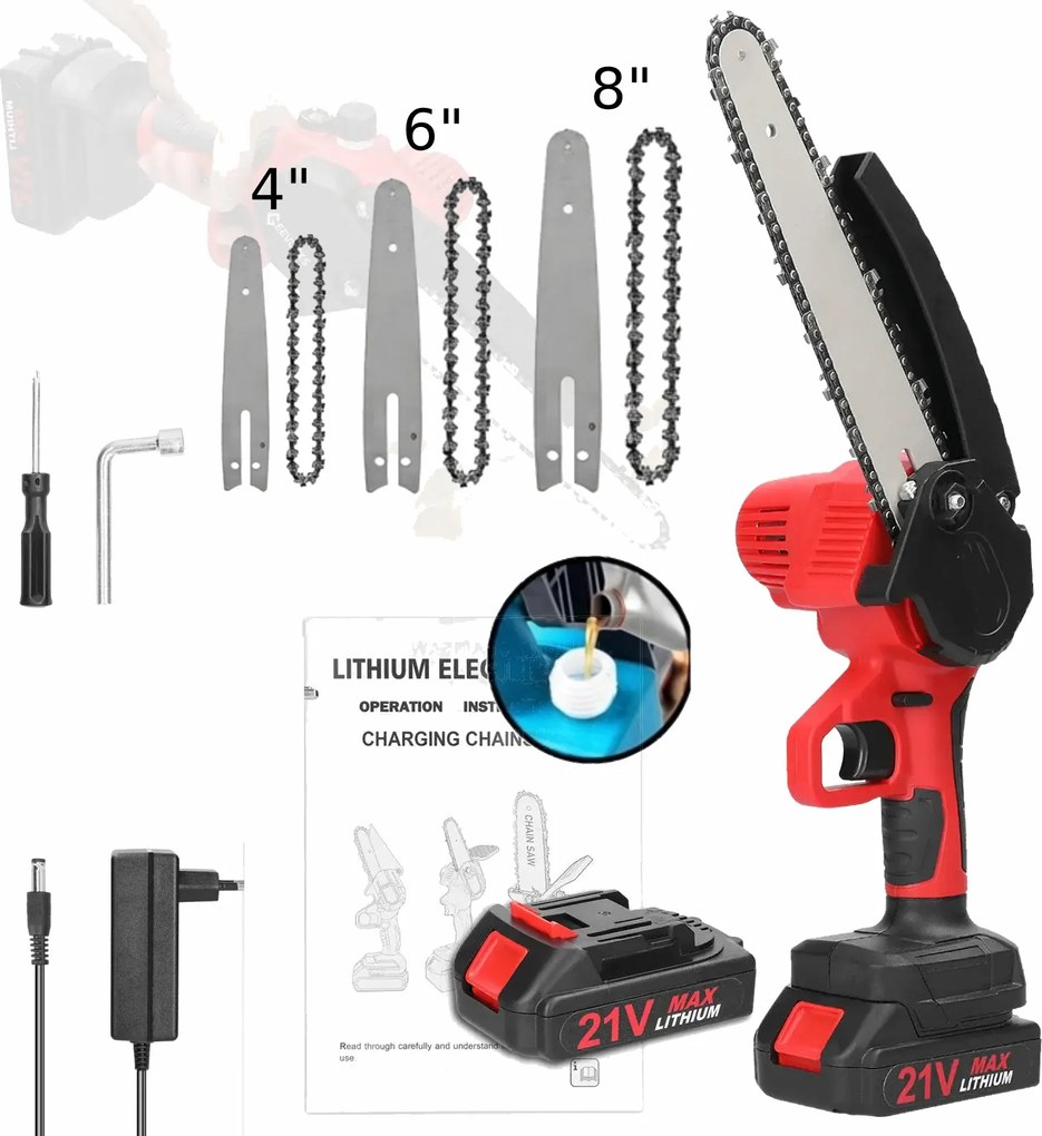 Akumulátorová mini řetězová pila 21V – 3 lišty 4" 6" 8", mazání řetězu