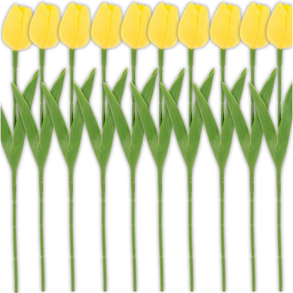 Camerazar Dekorativní kytice 10 umělých tulipánů, žlutá, materiál: silikon a plast, délka: 34 cm