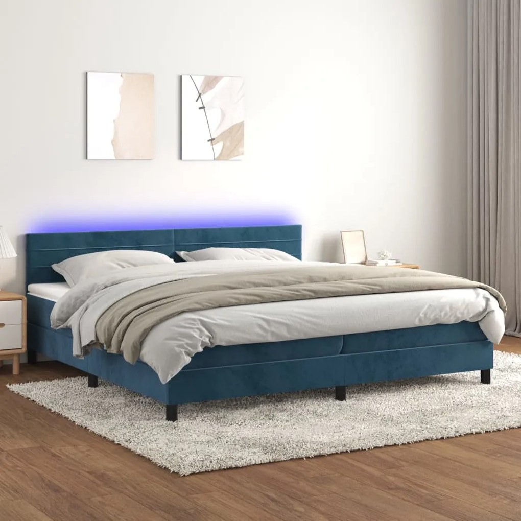 Box spring postel s matrací a LED tmavě modrá 200x200 cm samet,  3134487