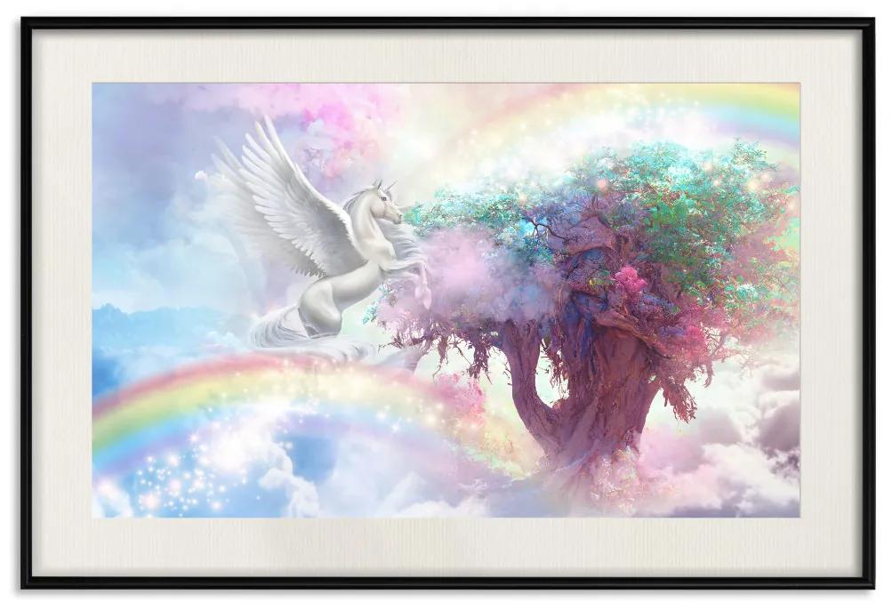 Plakát Jednorožec a kouzelný strom - fantazie a duhová země v oblacích