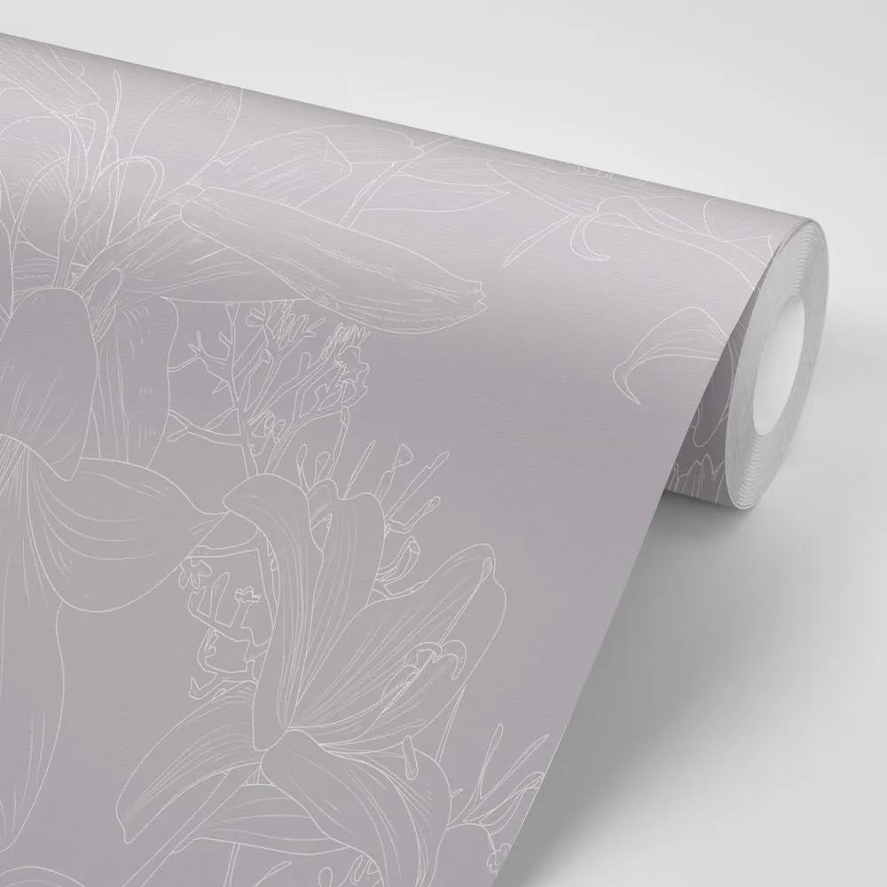 Tapeta kreslená lilie v šedém provedení